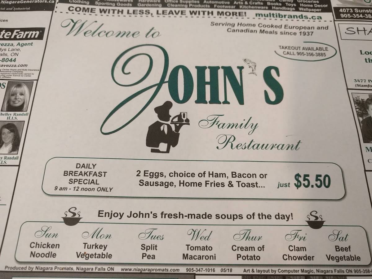 Menu at John's Restaurant, Niagara Falls
