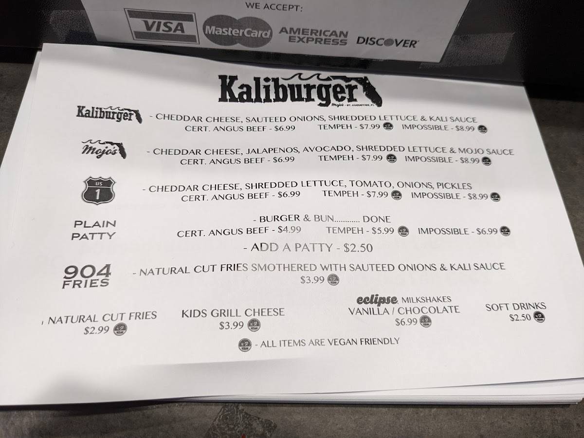 Menu at Kaliburger restaurant, St. Augustine