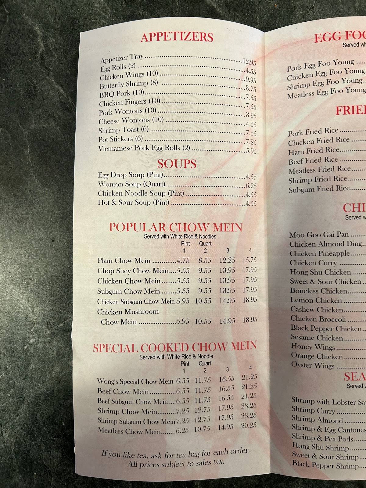 Menu at Kam Wong's Chow Mein restaurant, Anoka