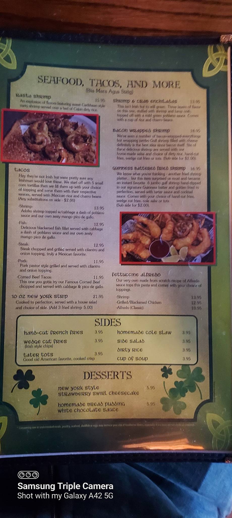 Menu at Kellys Irish Pub, South Padre Island