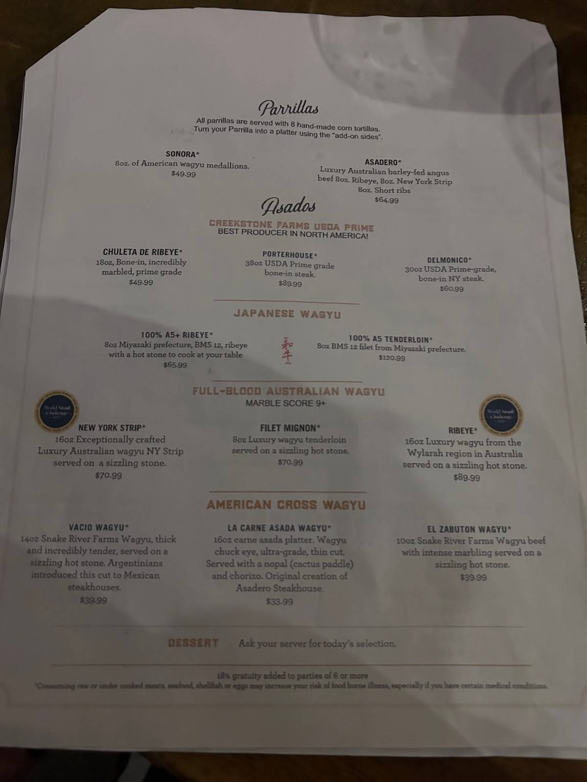 Menu at Asadero Prime steakhouse, Kent, 310 Washington Ave N