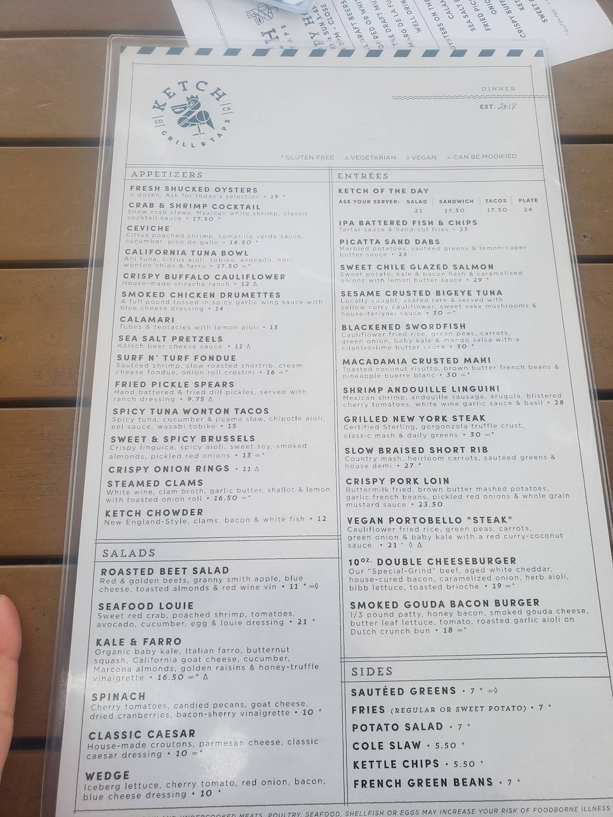 Menu at Ketch Grill and Taps pub & bar, San Diego, Shelter Island Dr