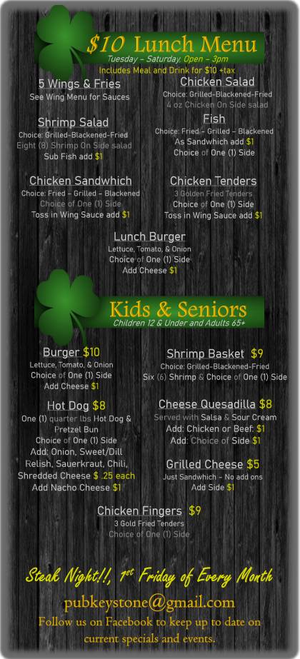 Menu at Stone's Irish Pub, Keystone Heights