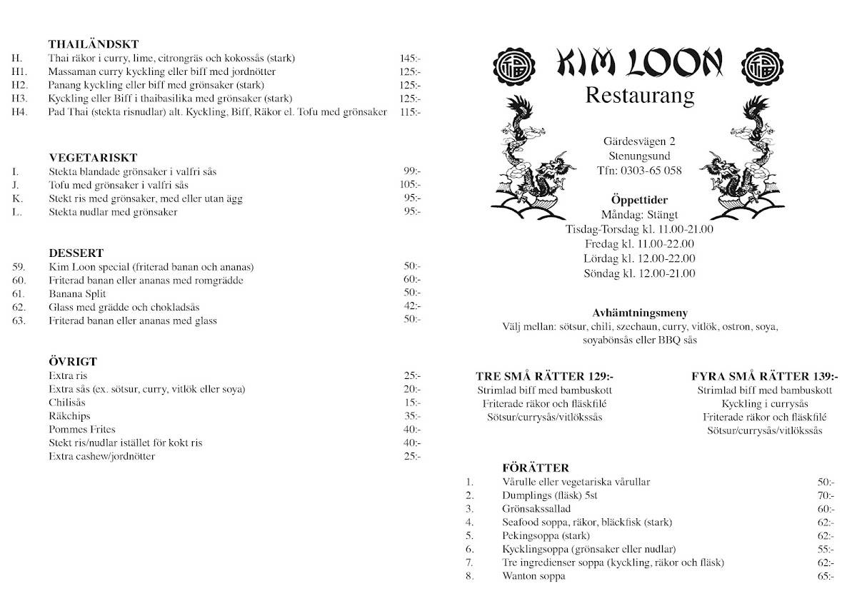Menu at Kim Loon Restaurant, Stenungsund