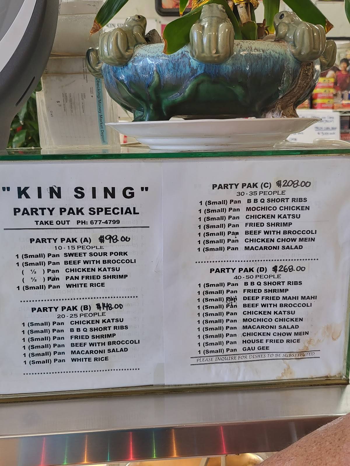 Menu at Kin Sing Chinese Fast Food, Waipahu