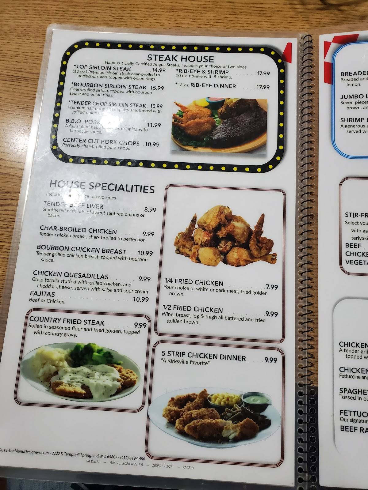Menu at Diner 54 restaurant, Kirksville