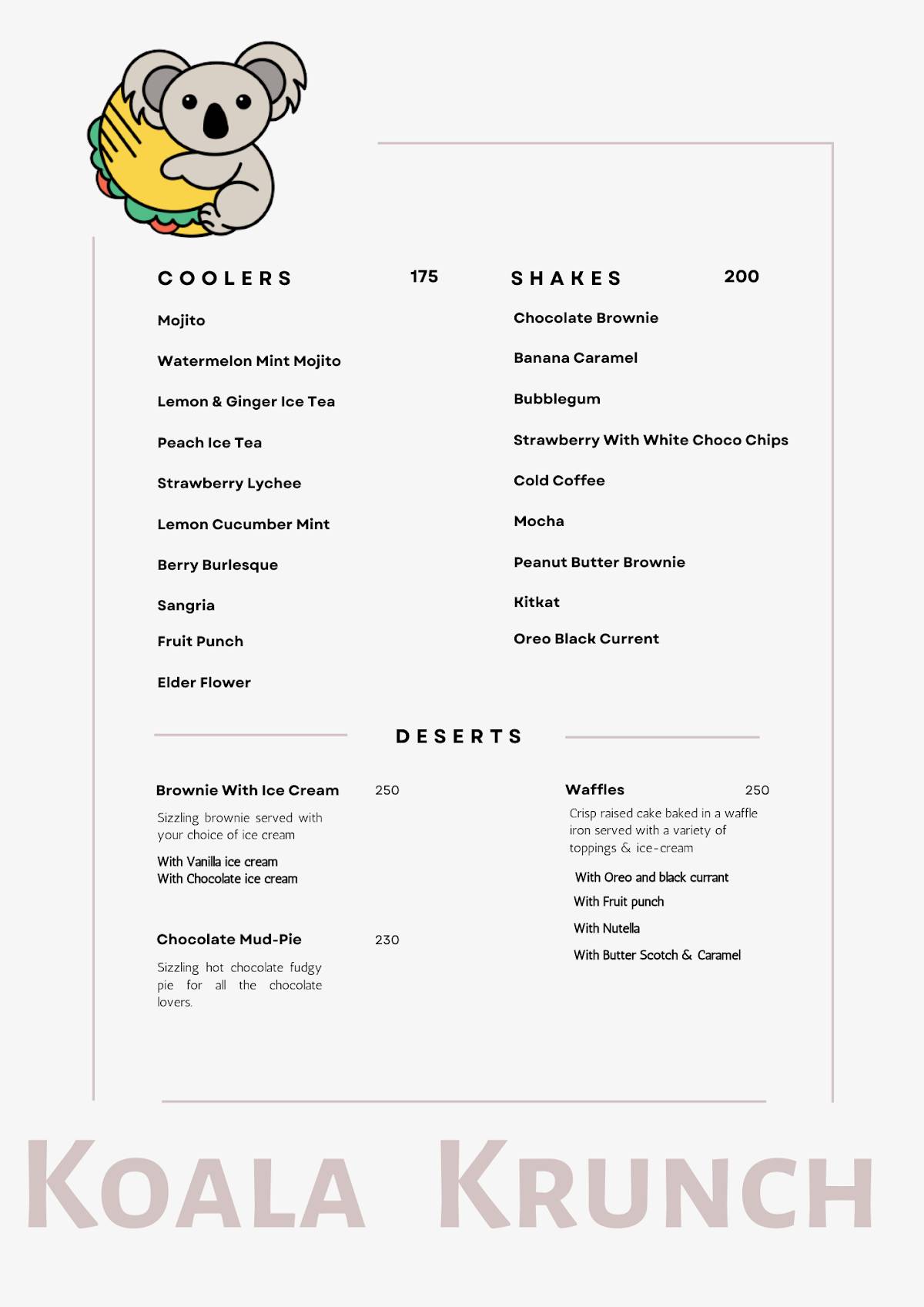 Menu at Koala Krunch, New Delhi