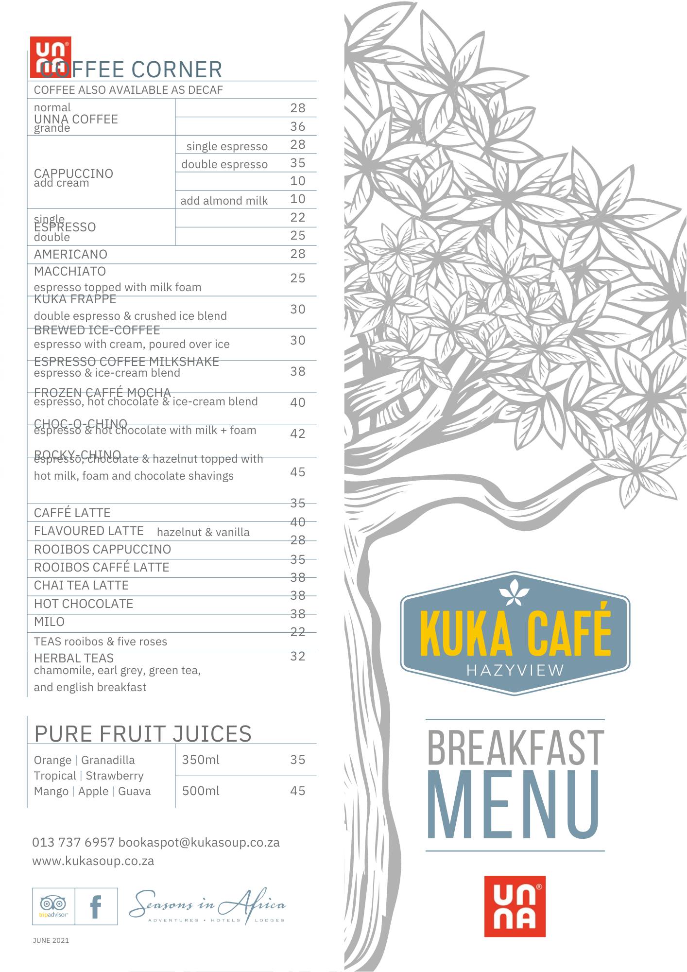 Menu at Kuka Restaurant & Cocktail Lounge, Hazyview