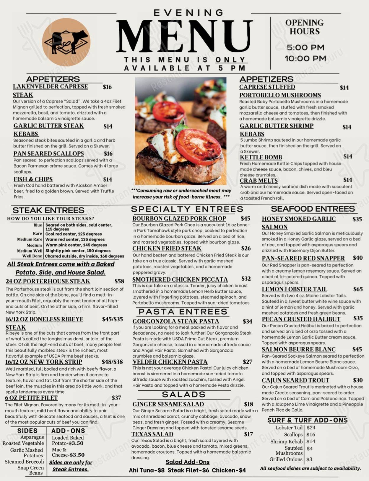 Menu at LK Grill restaurant, Fredericksburg