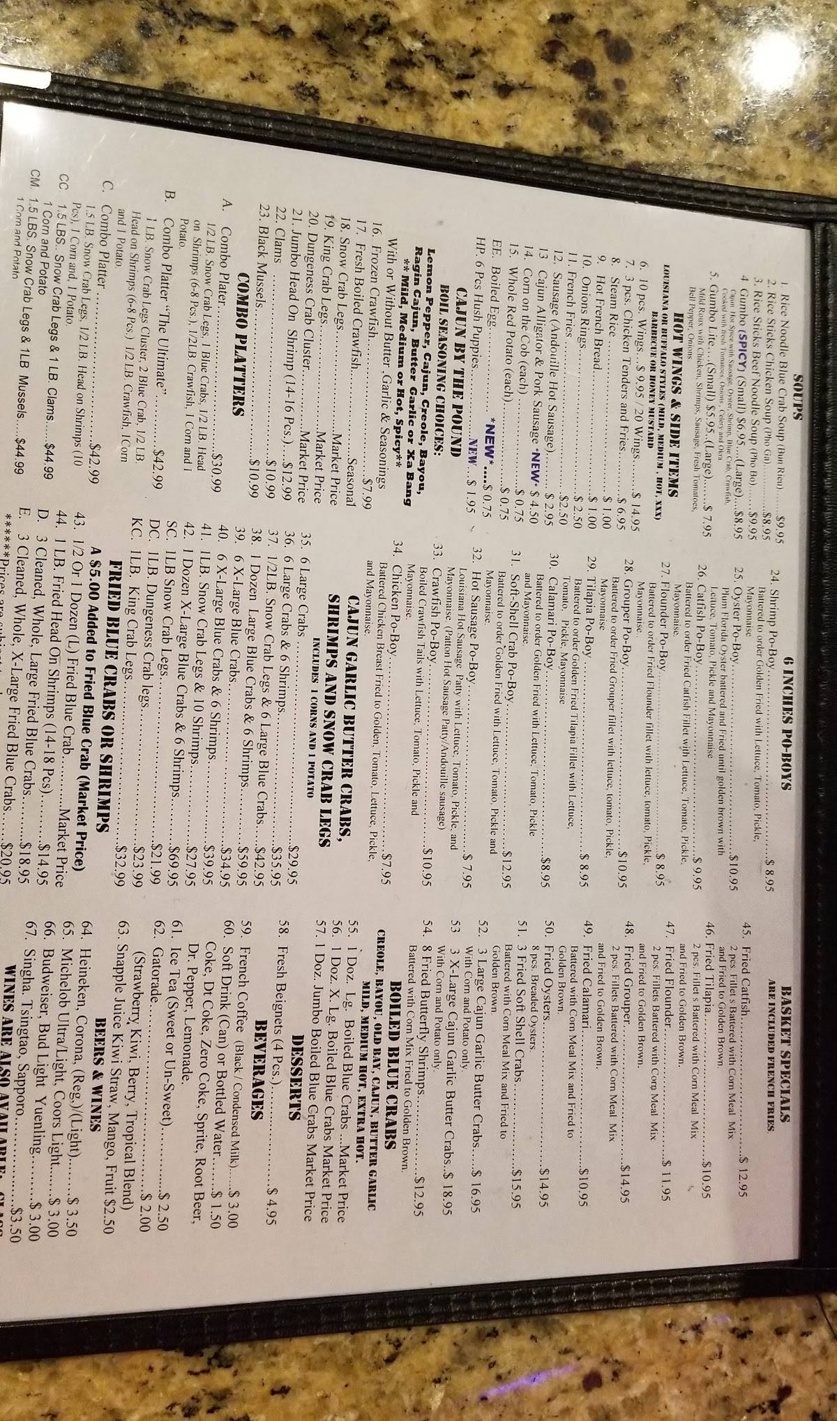 Menu at LA. Boiling Seafood Crab & Crawfish restaurant, Orlando