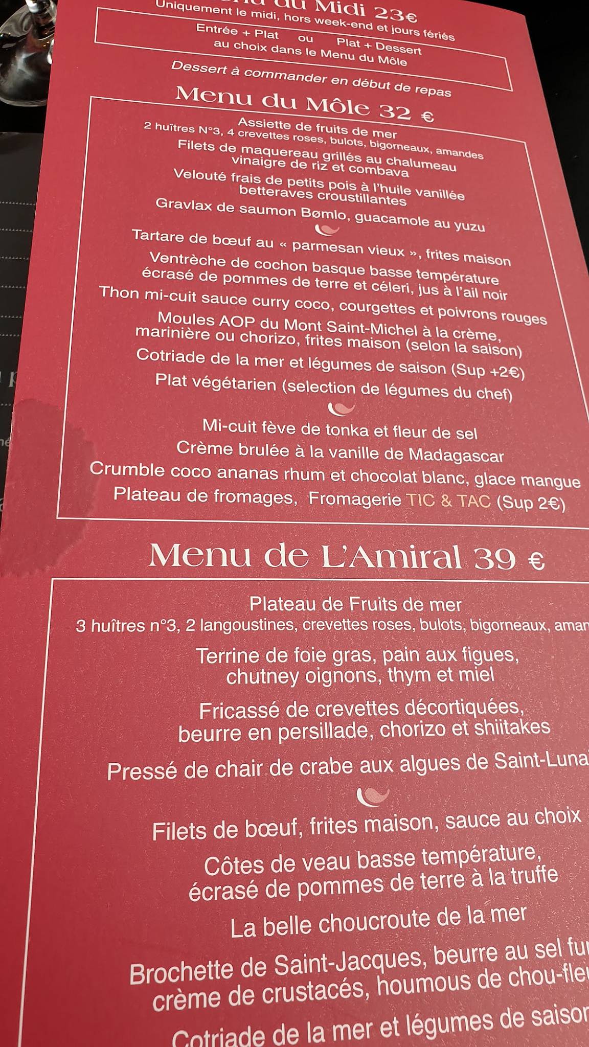Menu au L'Amiral Saint-Malo restaurant, Saint-Malo