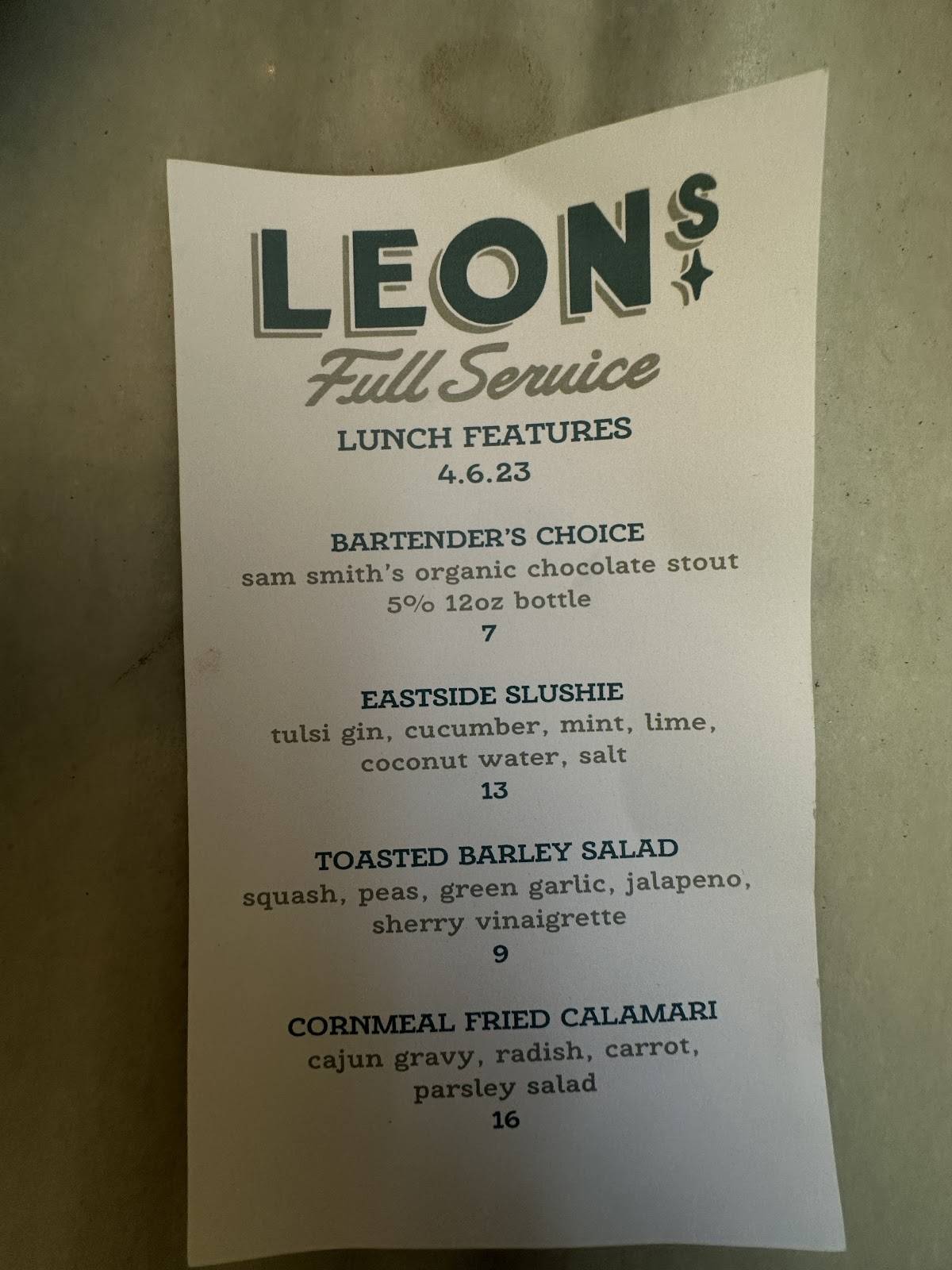 Menu at LEON's Full Service pub & bar, Decatur