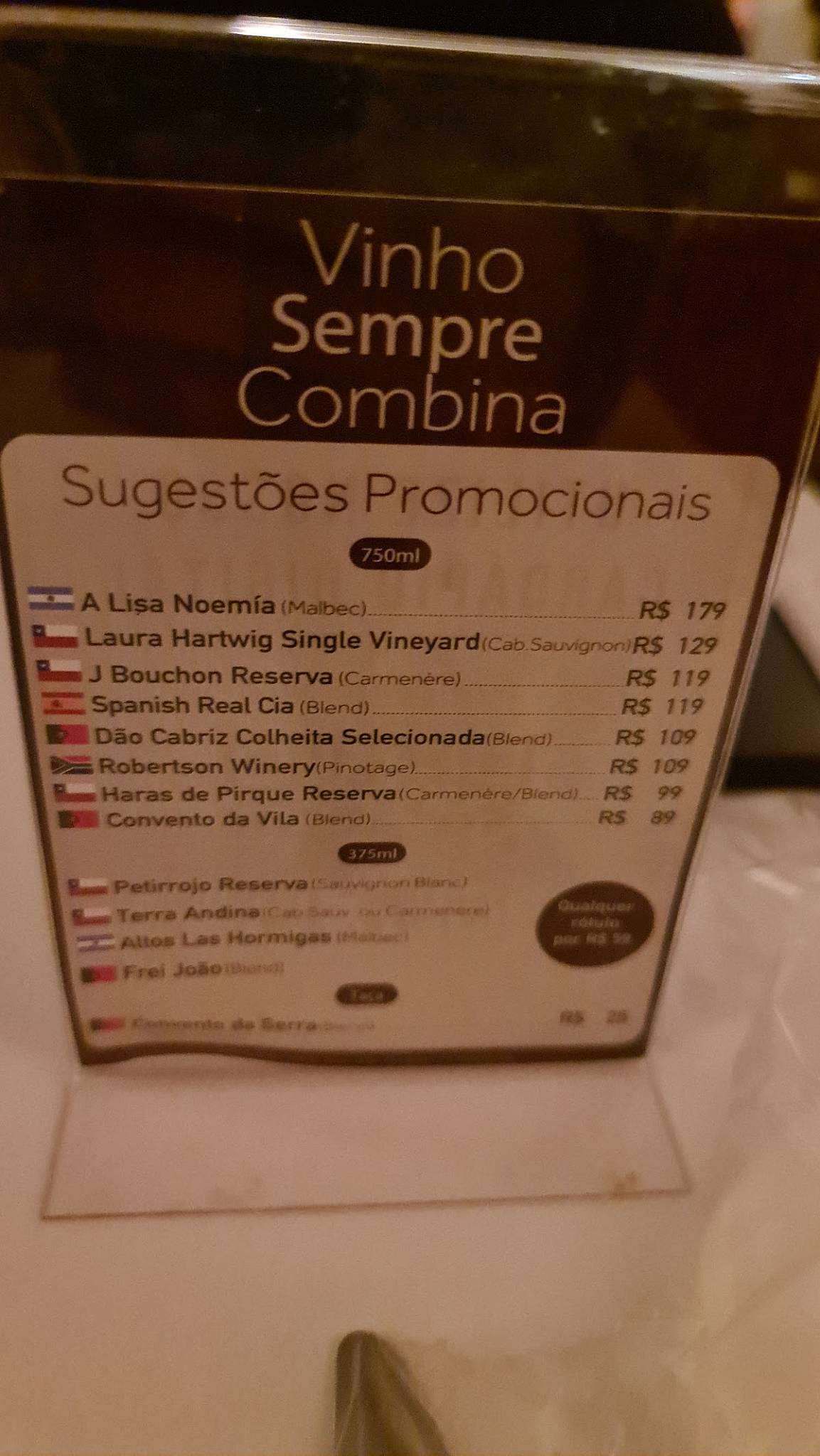 Menu em L'Entrecôte de Paris restaurante, Brasília