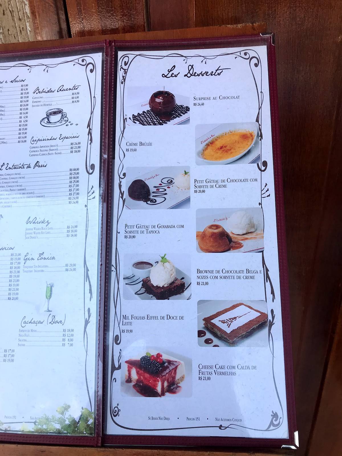 Menu em L'Entrecôte de Paris restaurante, Brasília