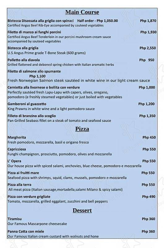 Menu at L'Opera Ristorante Italiano restaurant, Taguig
