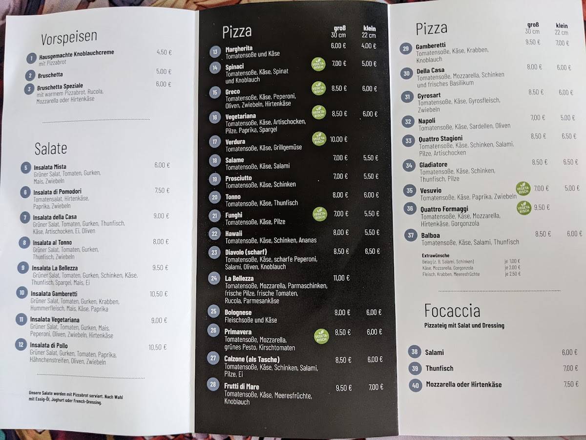 Speisekarte von La Bellezza restaurant, Fürstenau