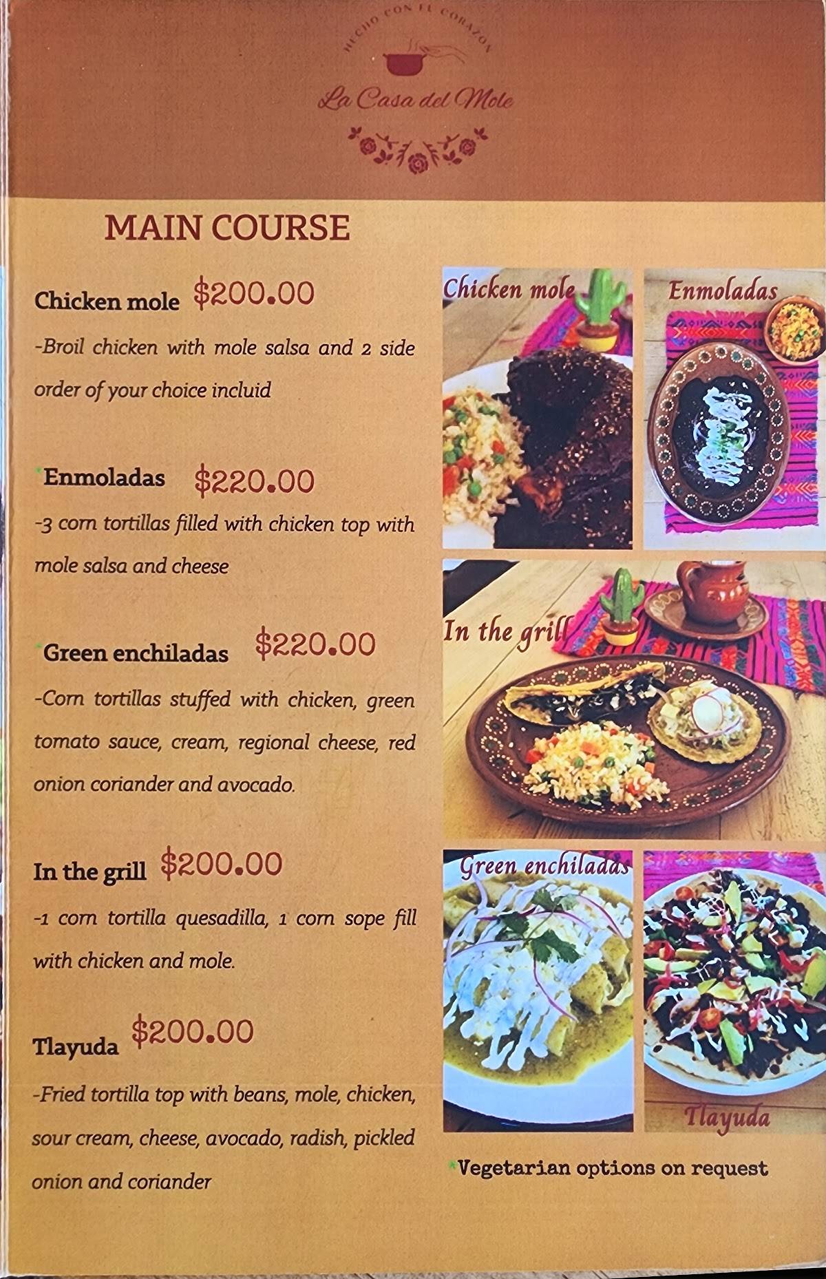 Menu at La Casa del Mole restaurant, Cabo San Lucas, Esquina