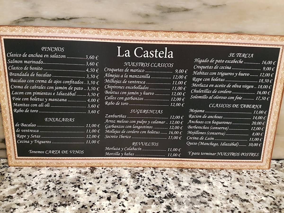 Carta del restaurante La Castela, Madrid