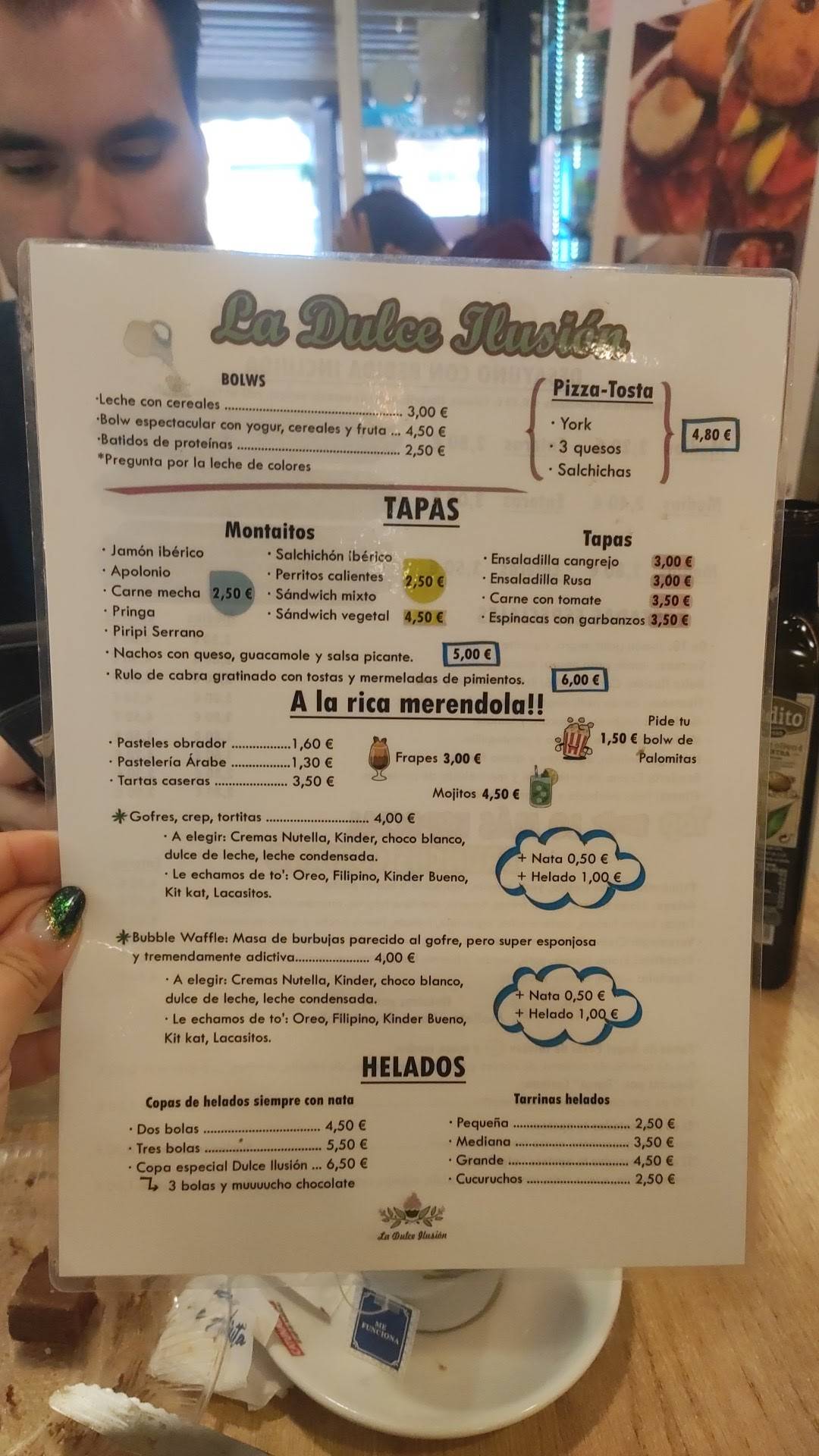 Carta de cafetería La Dulce Ilusión, Coria del Río