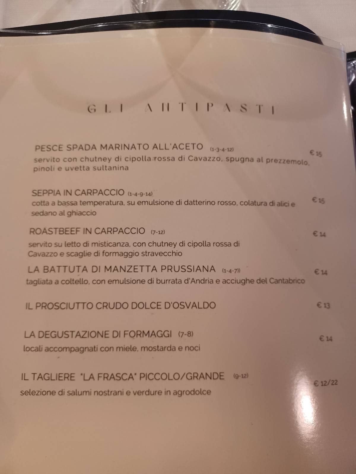Menu da La Frasca ristorante, Pavia di Udine