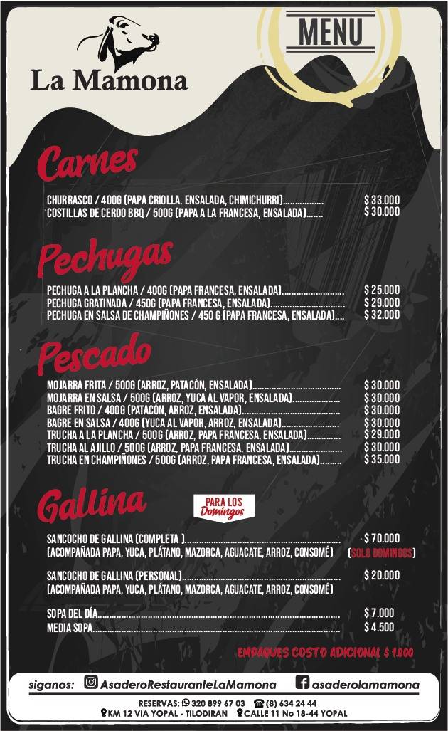 Carta del restaurante La Mamona, Yopal