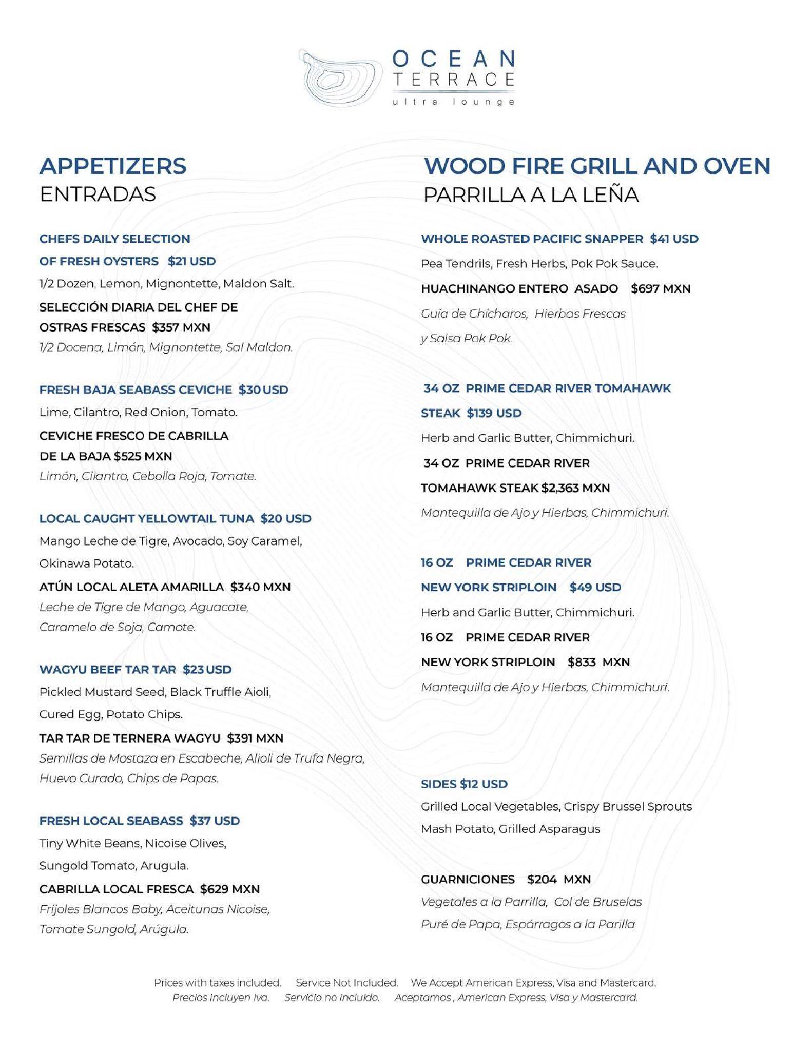 Menu at Ocean Terrace pizzeria, Cabo San Lucas