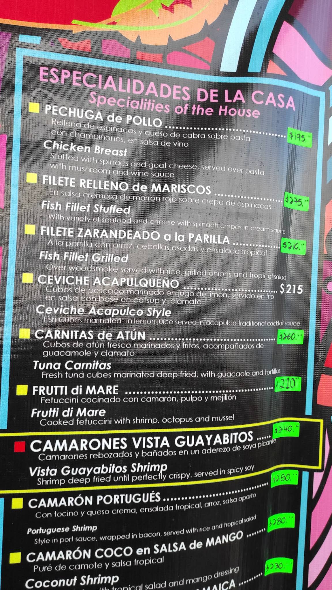 Menu at Vista Guayabitos restaurant, Rincón de Guayabitos
