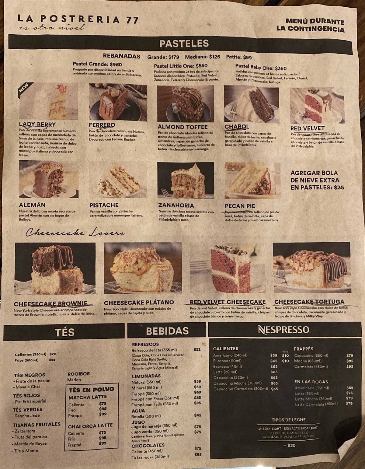 Carta del restaurante La Postrería 77, Saltillo