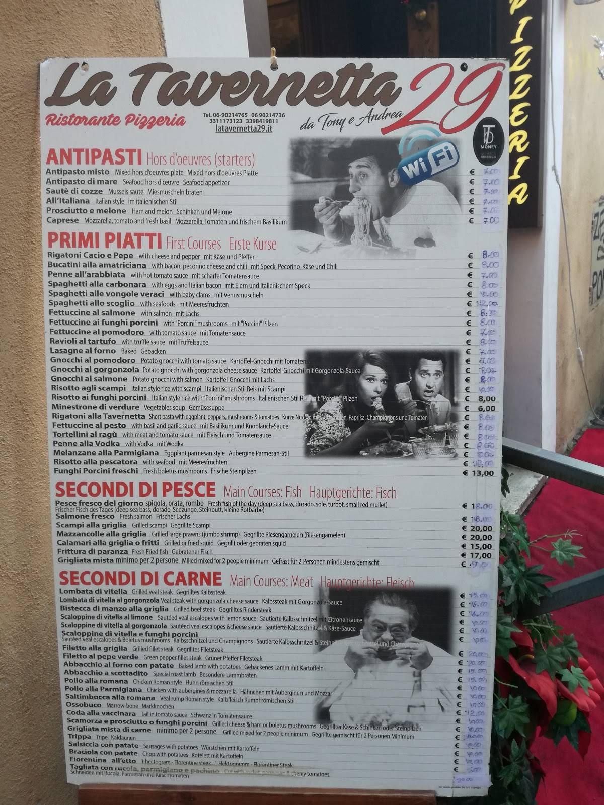 Menu at La Tavernetta 29 da Tony e Andrea pizzeria, Rome