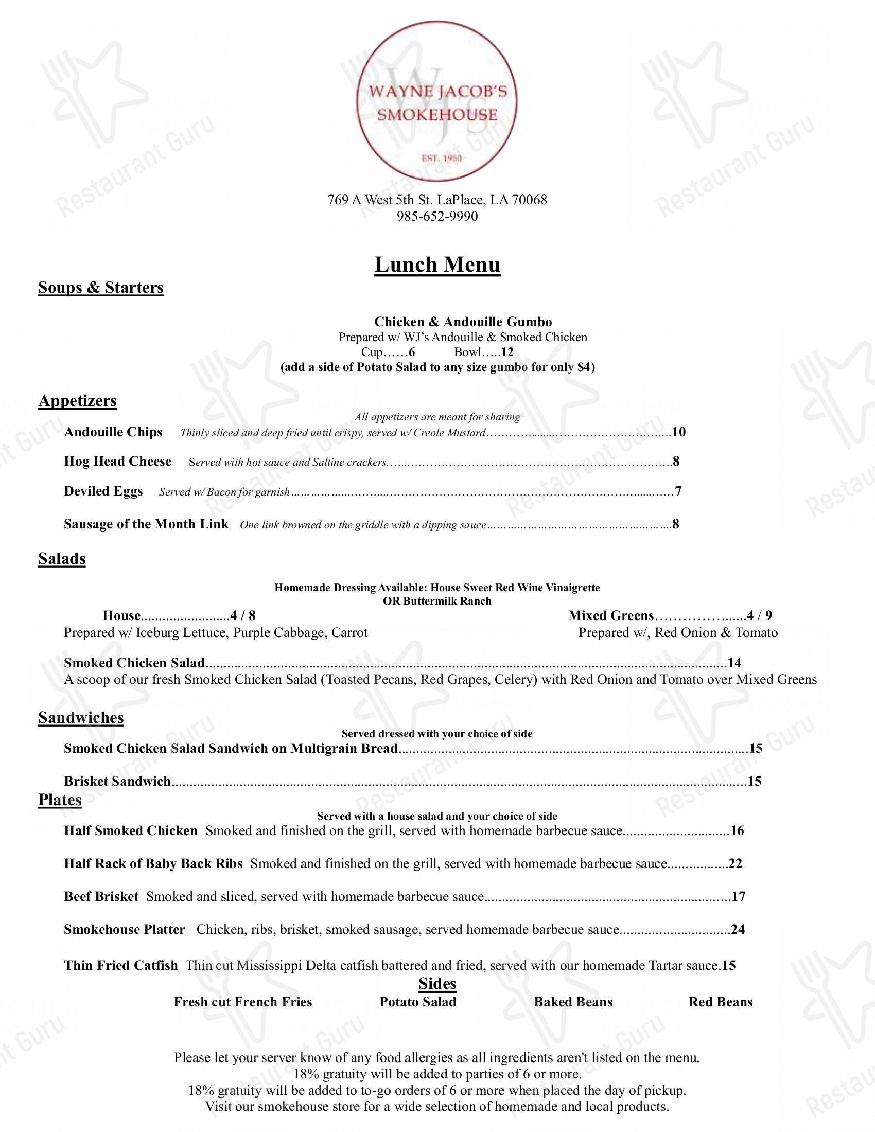 Menu at Wayne Jacob's Smokehouse restaurant, LaPlace