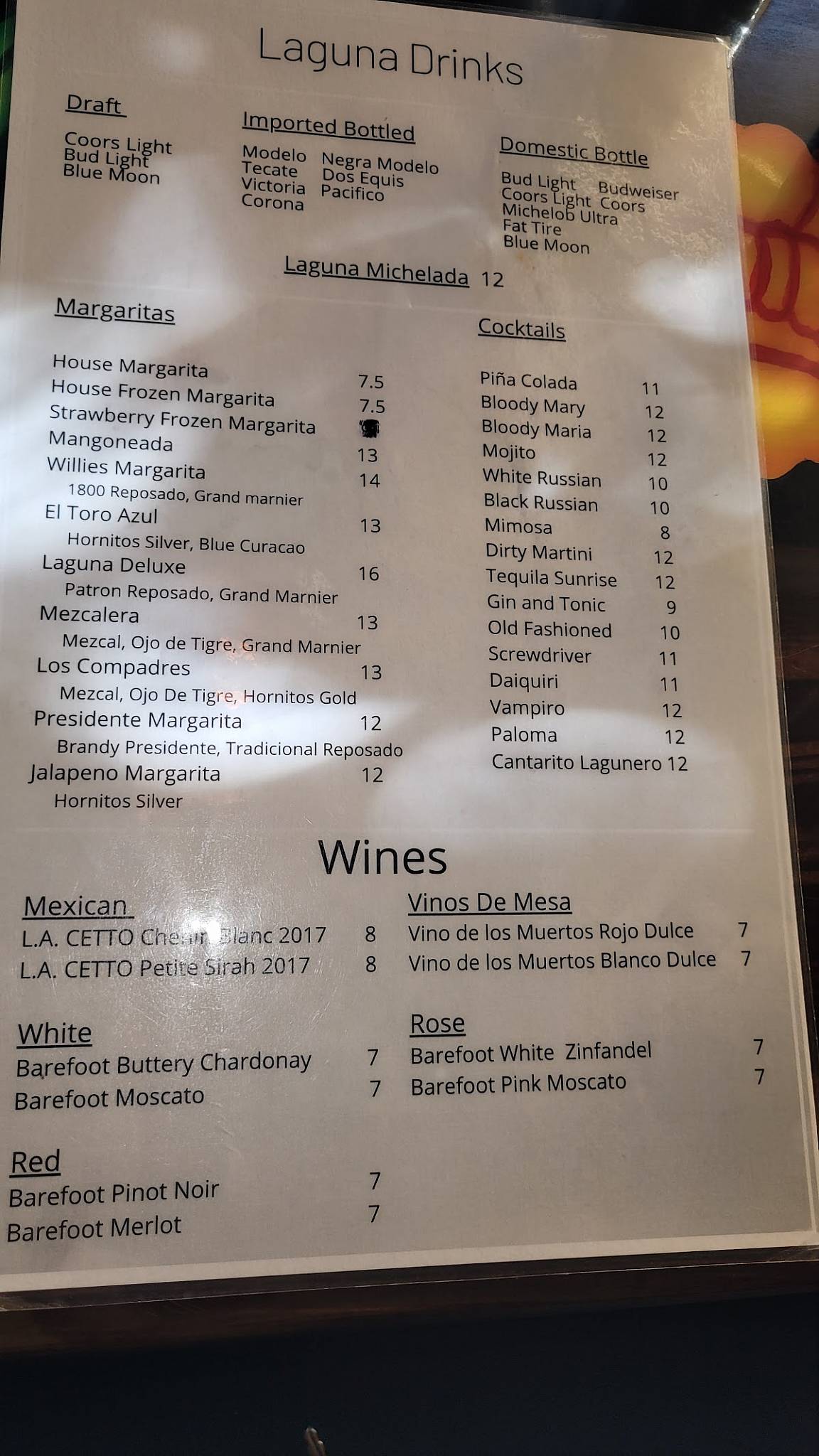 Menu at Laguna Mexican Restaurant, Longmont