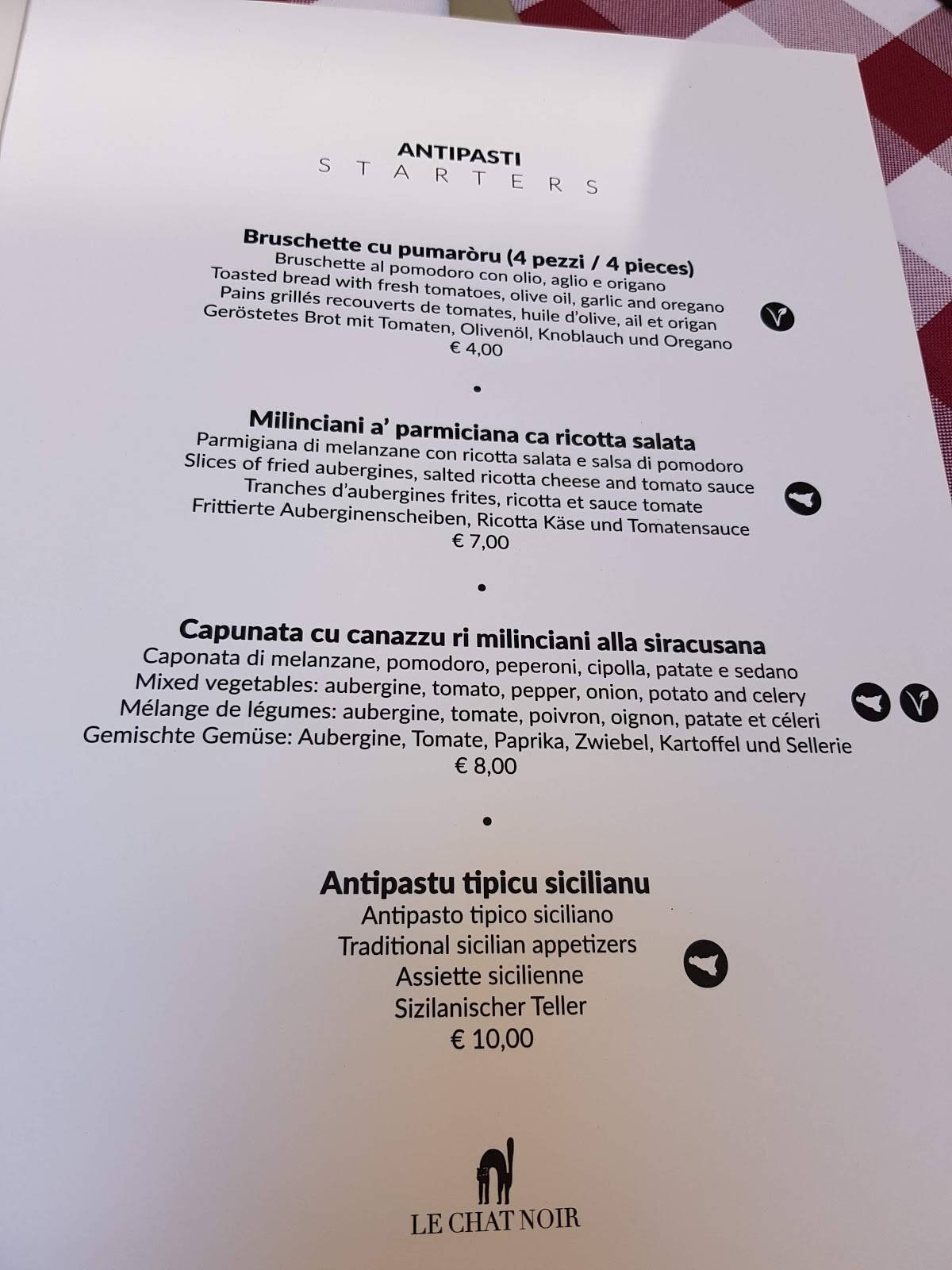 Menu da Le Chat Noir ristorante, Cefalù