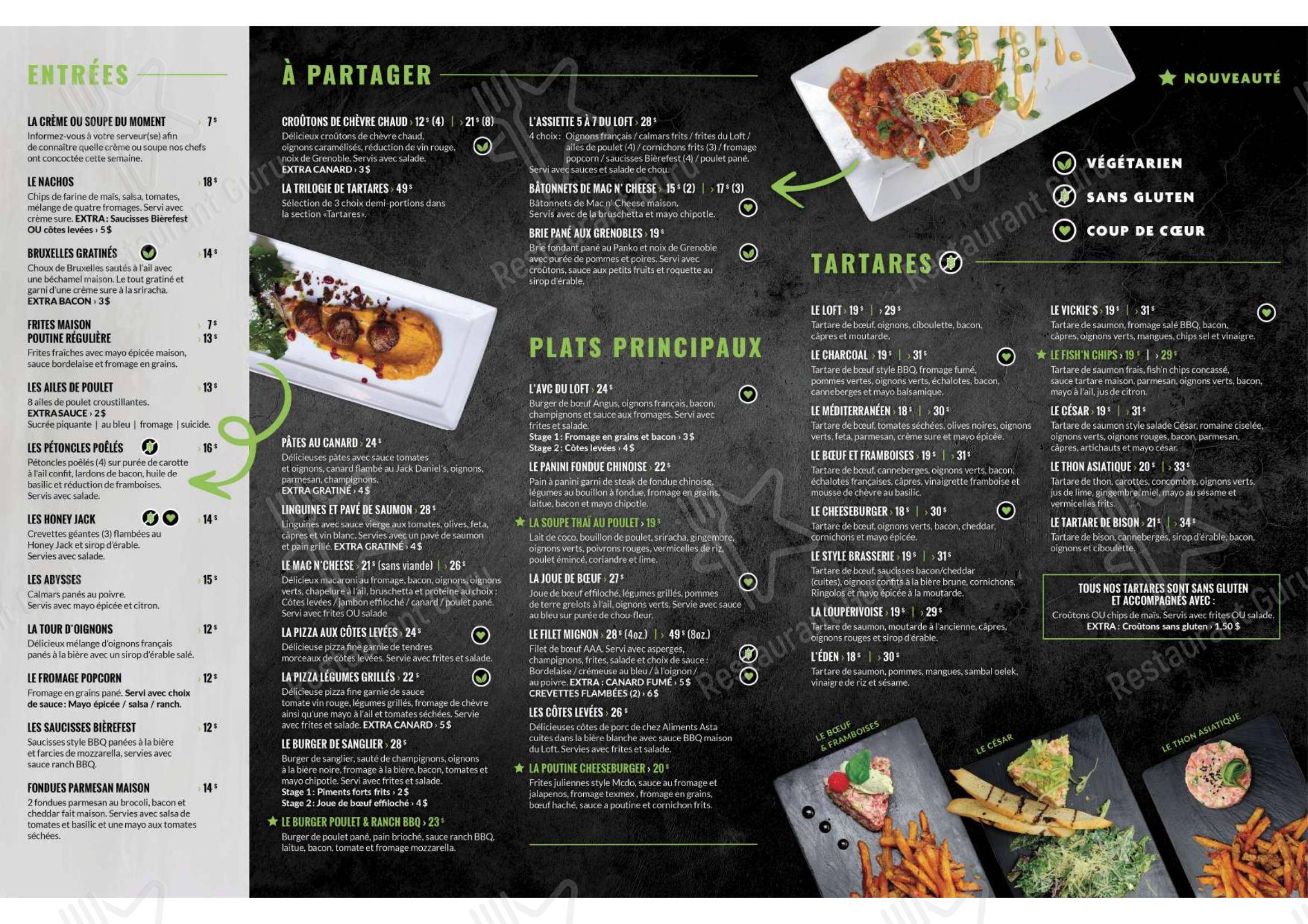 Menu au Le Loft restaurant, Rivière-du-Loup