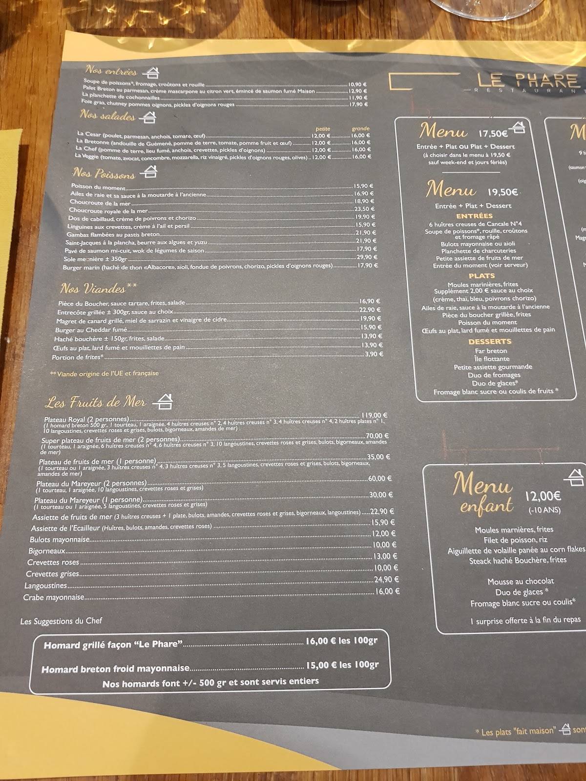 Menu au Le Phare restaurant, Cancale, 6 Quai Administrateur Chef Thomas