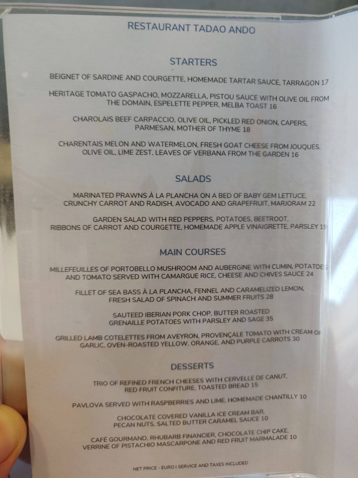 Menu au Restaurant de Tadao Ando, Le Puy-Sainte-Réparade