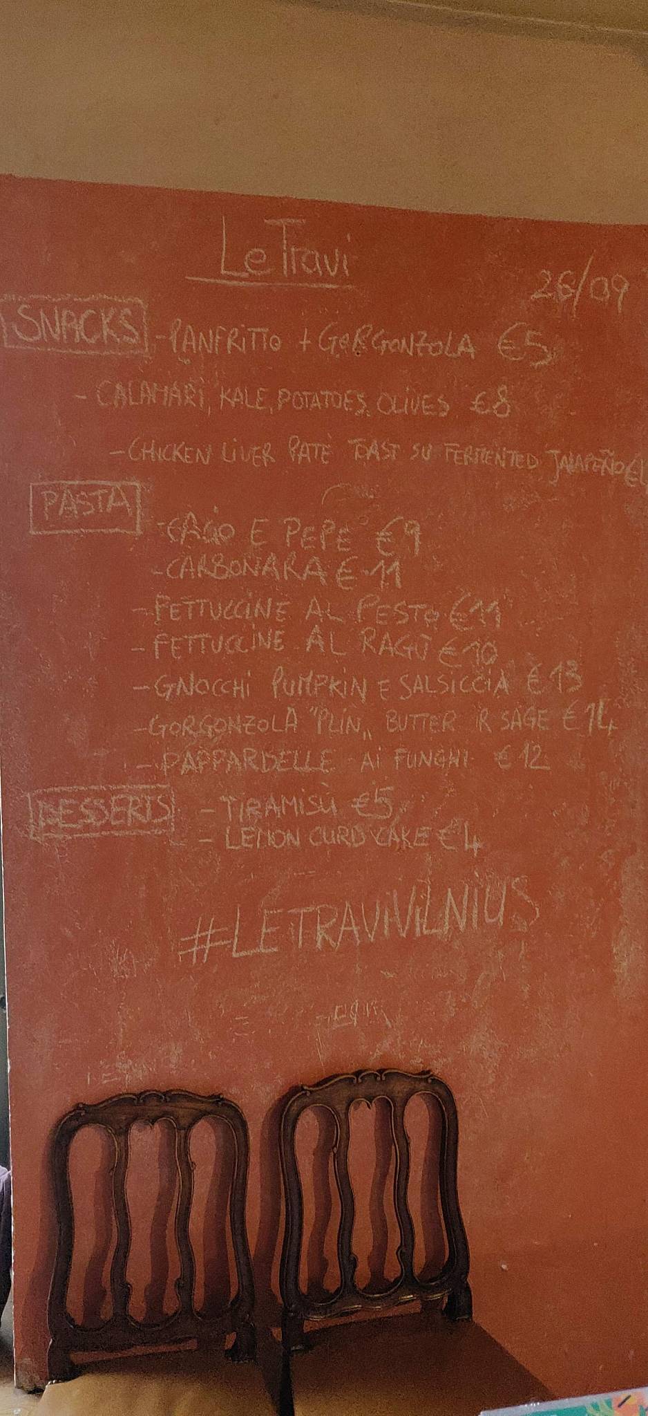 Menu at Le Travi restaurant, Vilnius