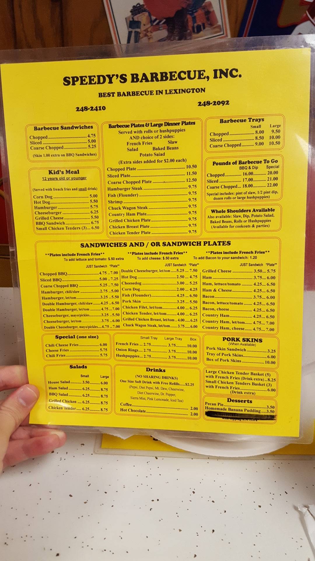 Menu at Speedy's BBQ, Lexington, 408 Piedmont Dr