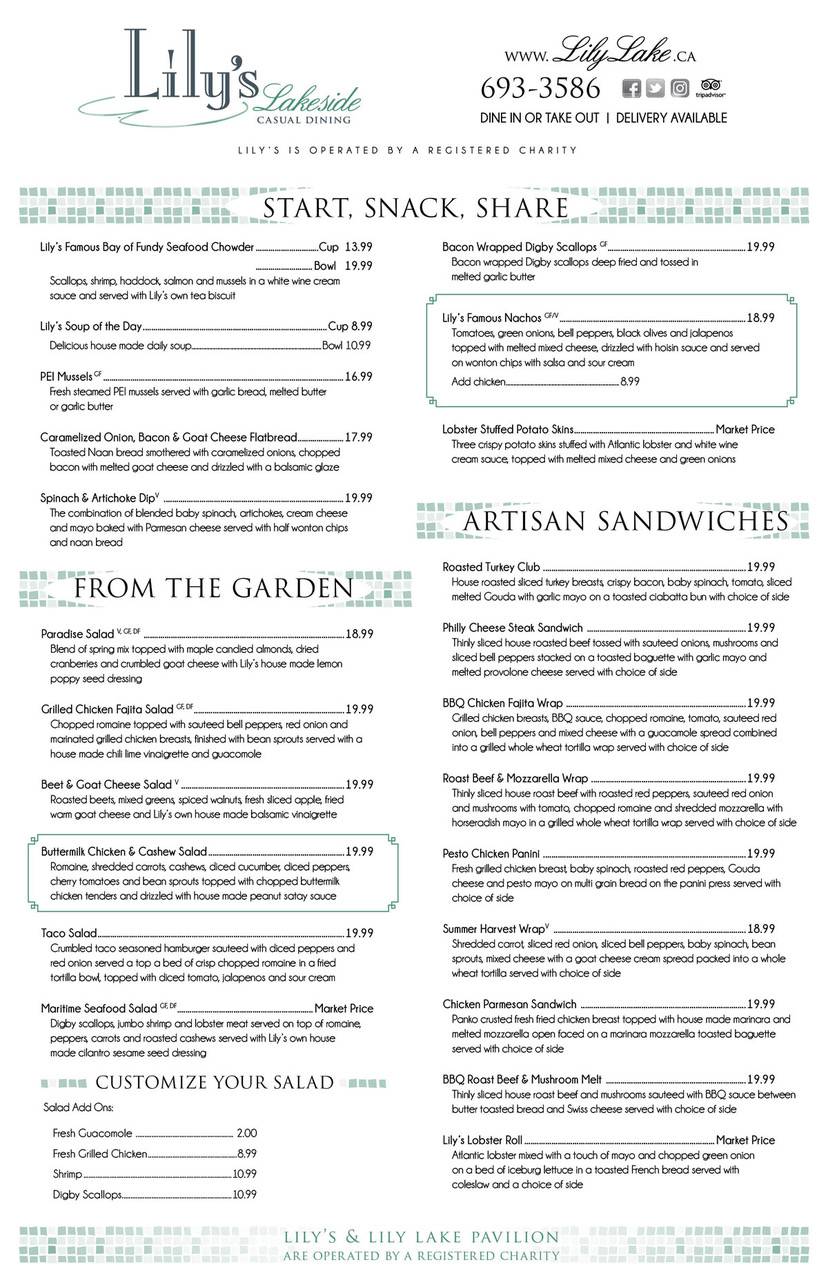 Menu at Lily's restaurant, Saint John