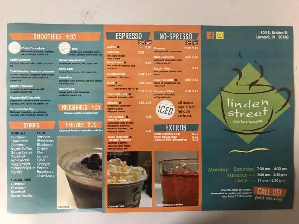 Menu at Linden Street Coffeehouse cafe, Lamoni