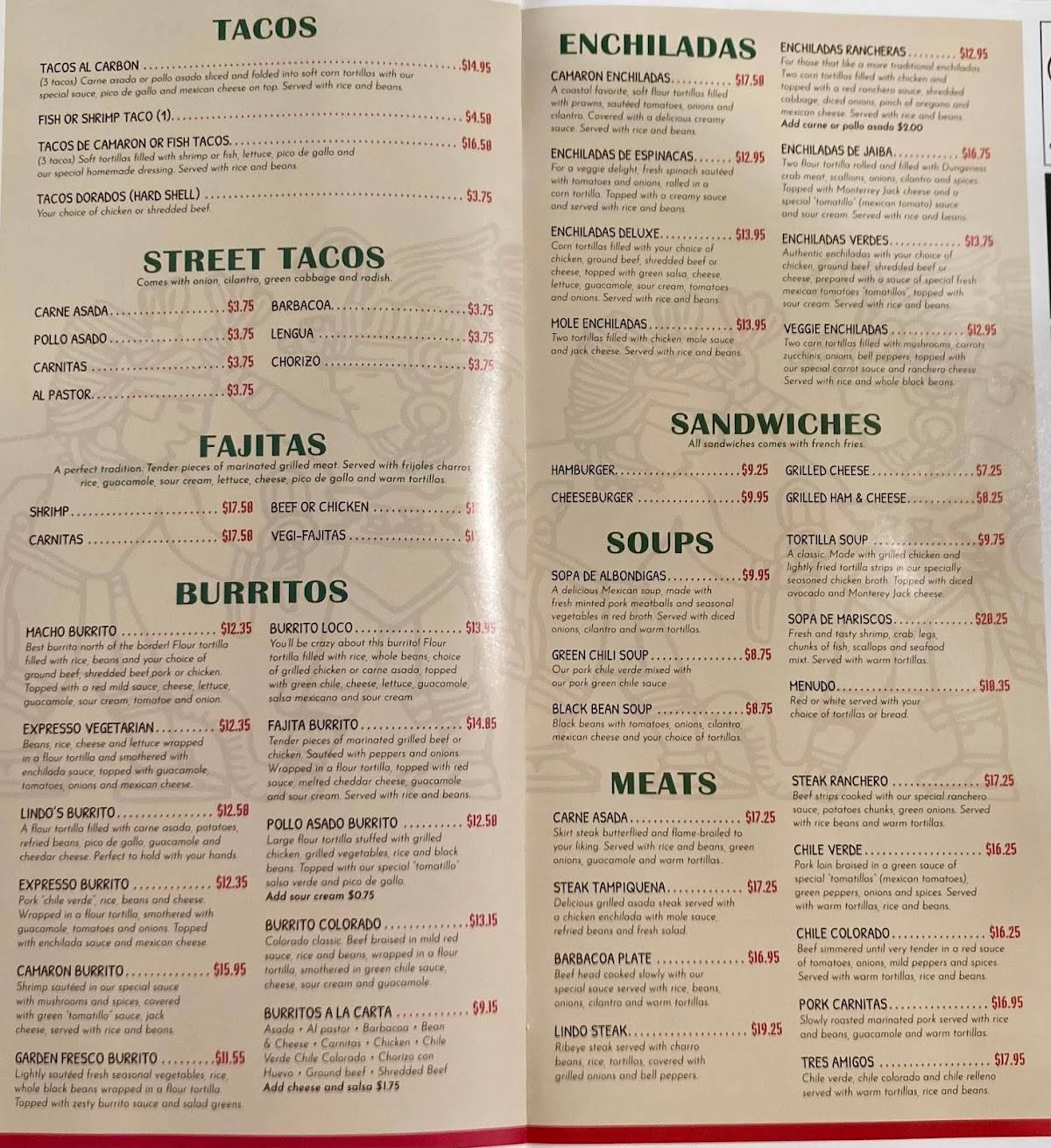 Menu at Lindo Mexico restaurant, Prescott, Gail Gardner Way #101