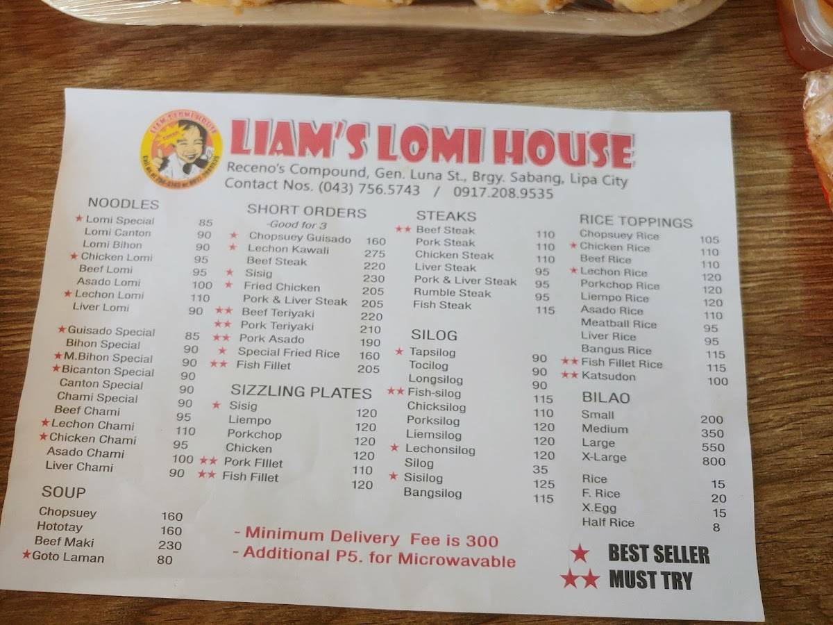 Menu at Liam's Lomi House restaurant, Lipa