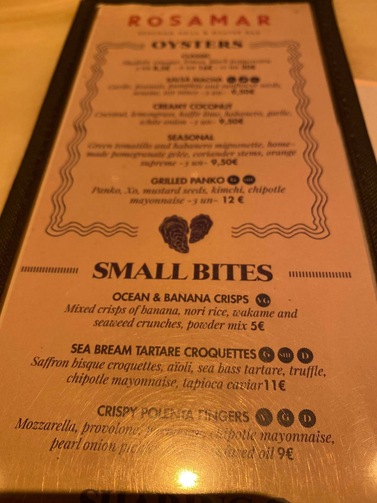 Menu at Rosamar restaurant, Lisbon