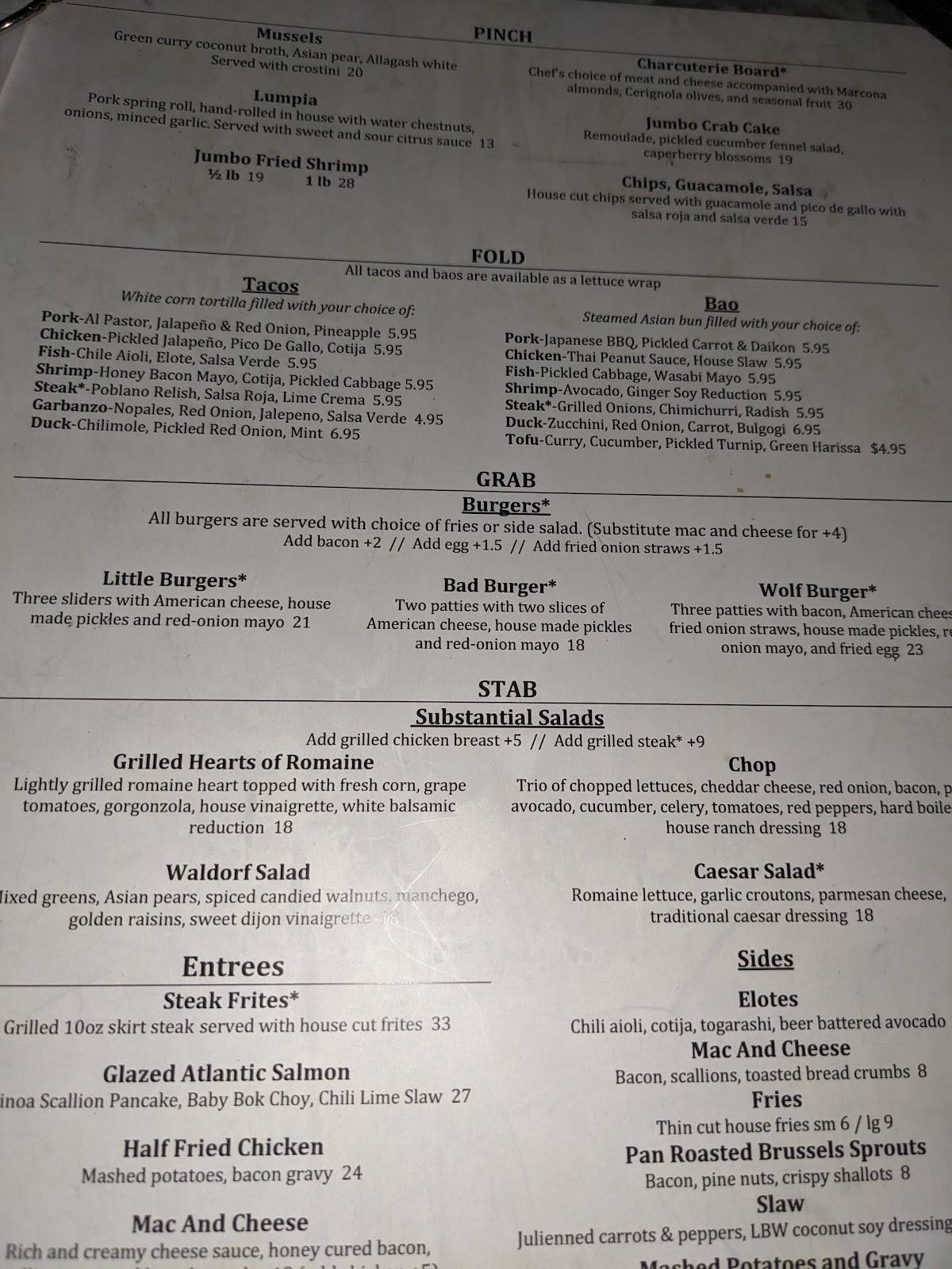 Carta del pub y bar Little Bad Wolf, Chicago