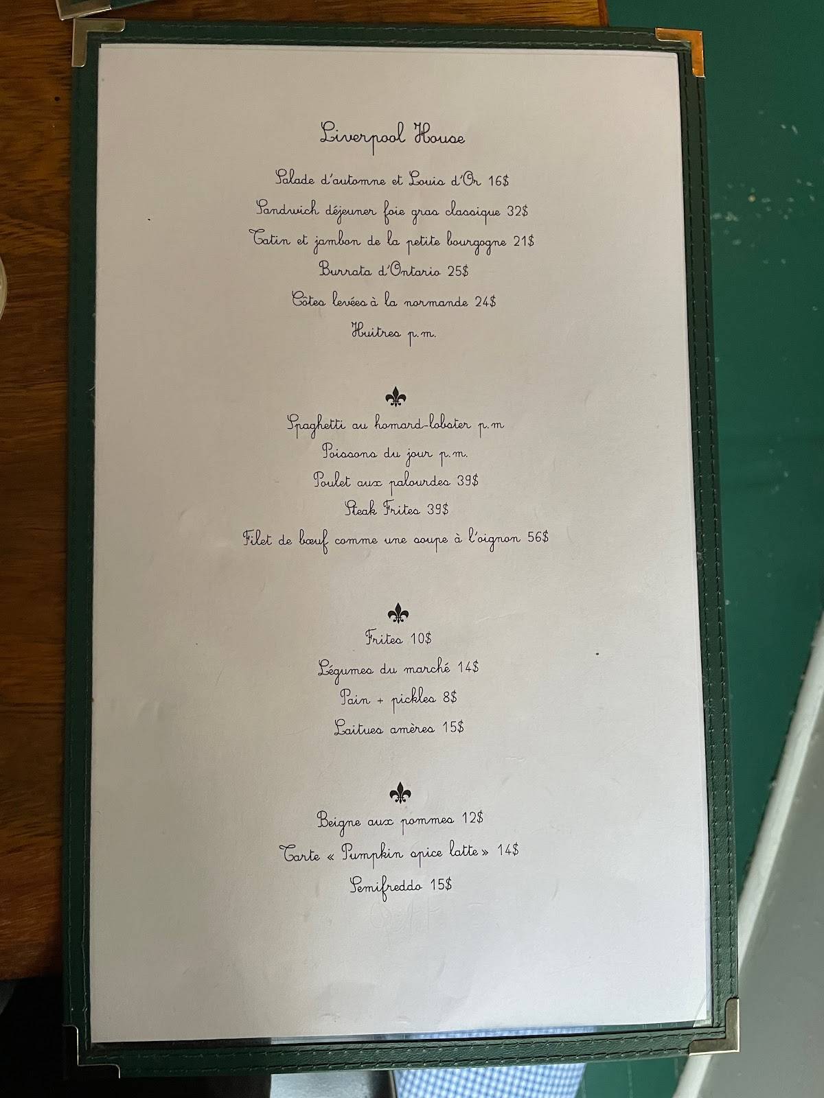 Menu at Liverpool House restaurant, Montréal