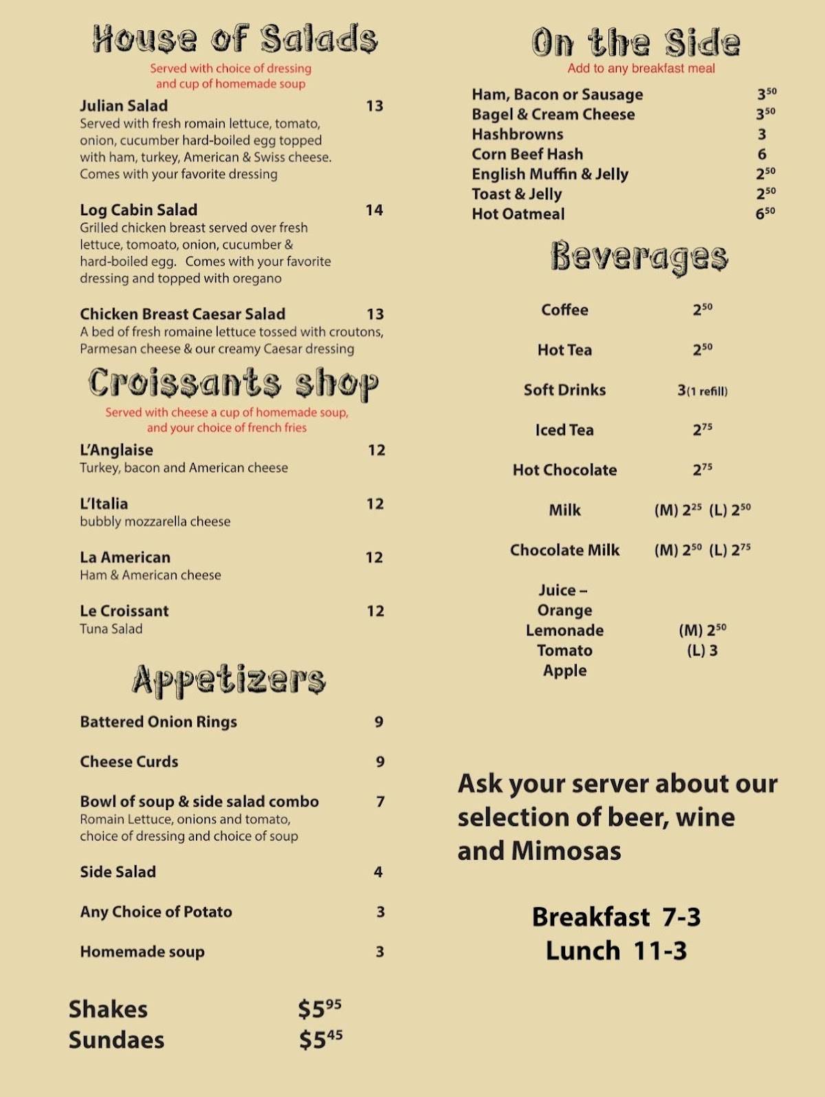 Menu at Log Cabin Inn restaurant, Howards Grove