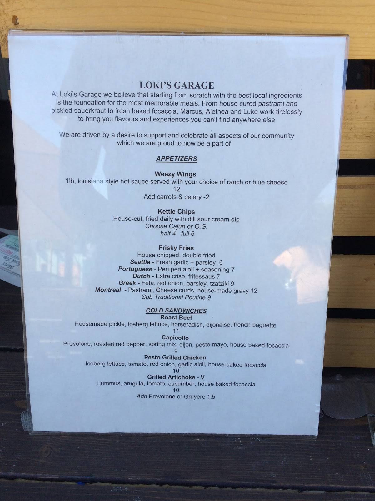 Menu at Loki's Garage restaurant, Penticton