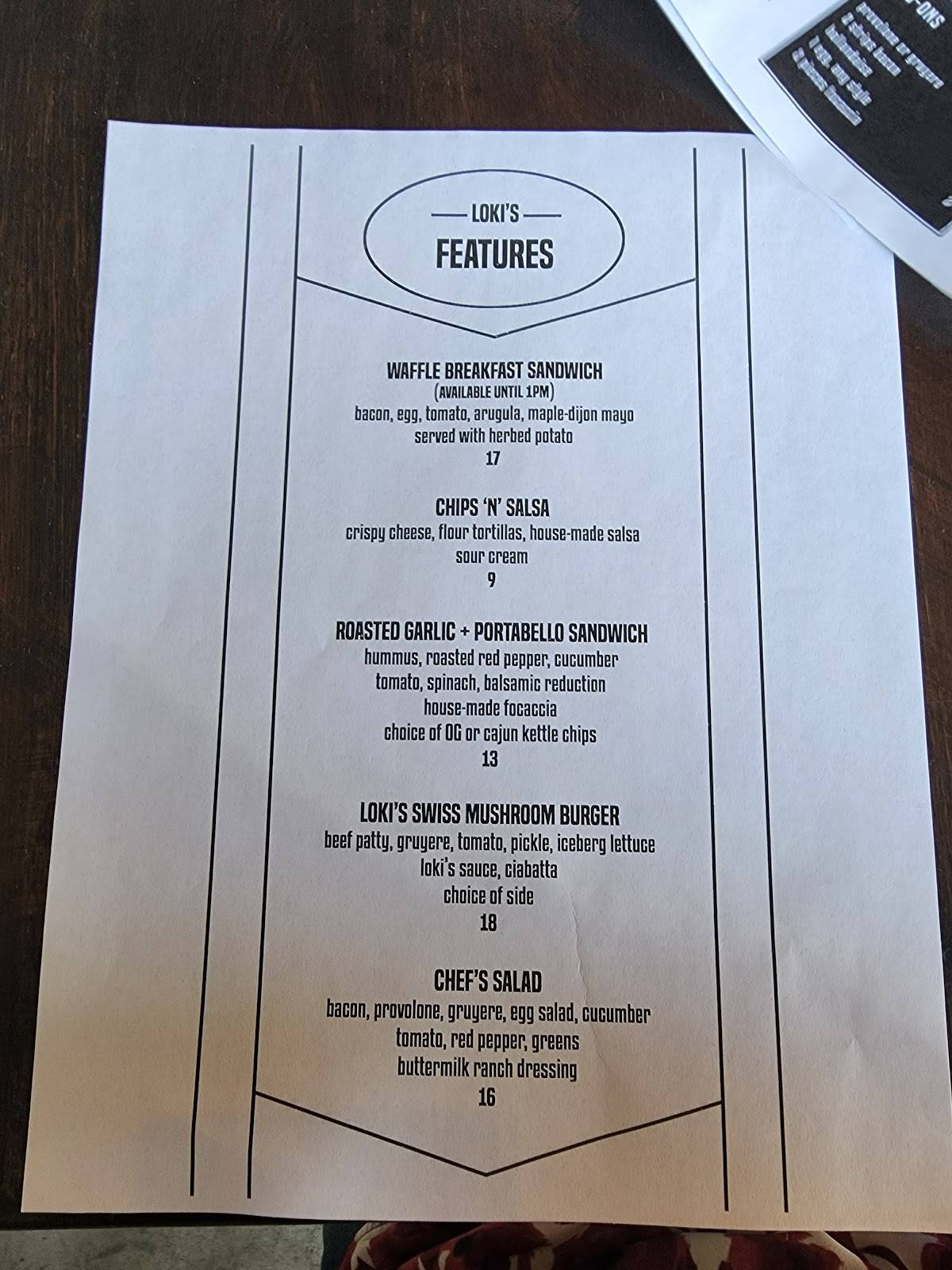 Menu at Loki's Garage restaurant, Penticton