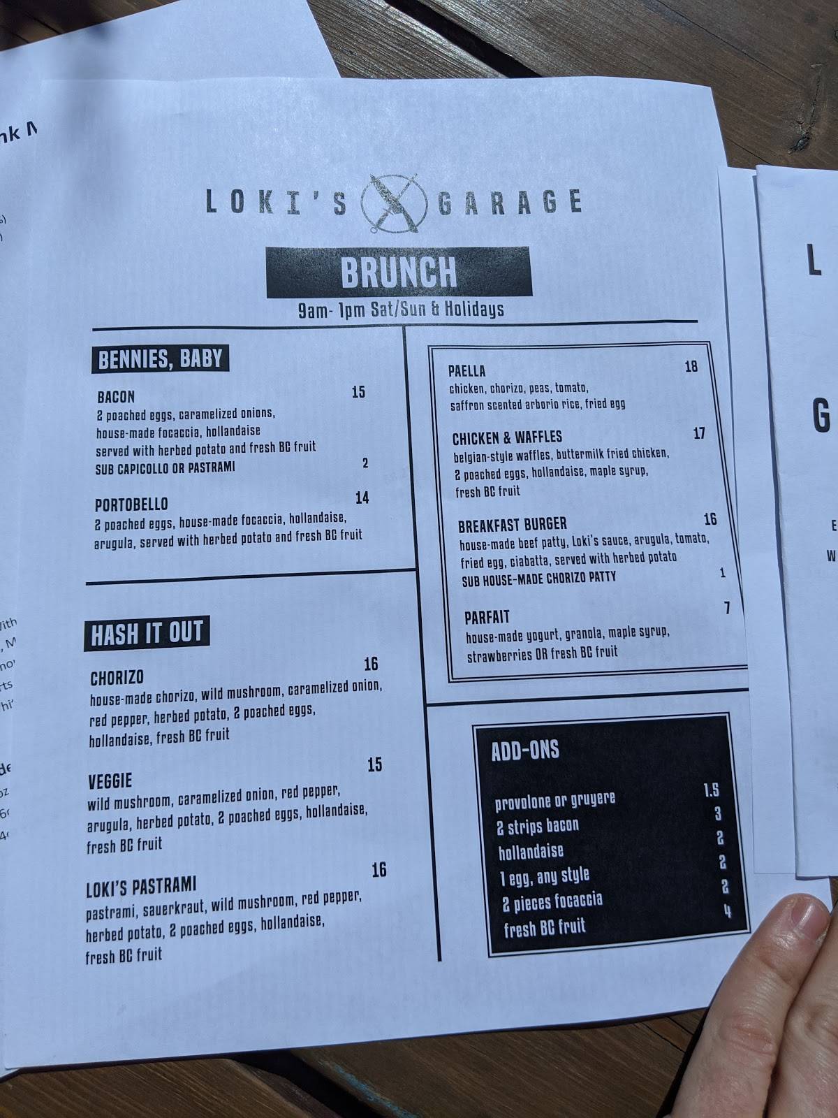 Menu at Loki's Garage restaurant, Penticton