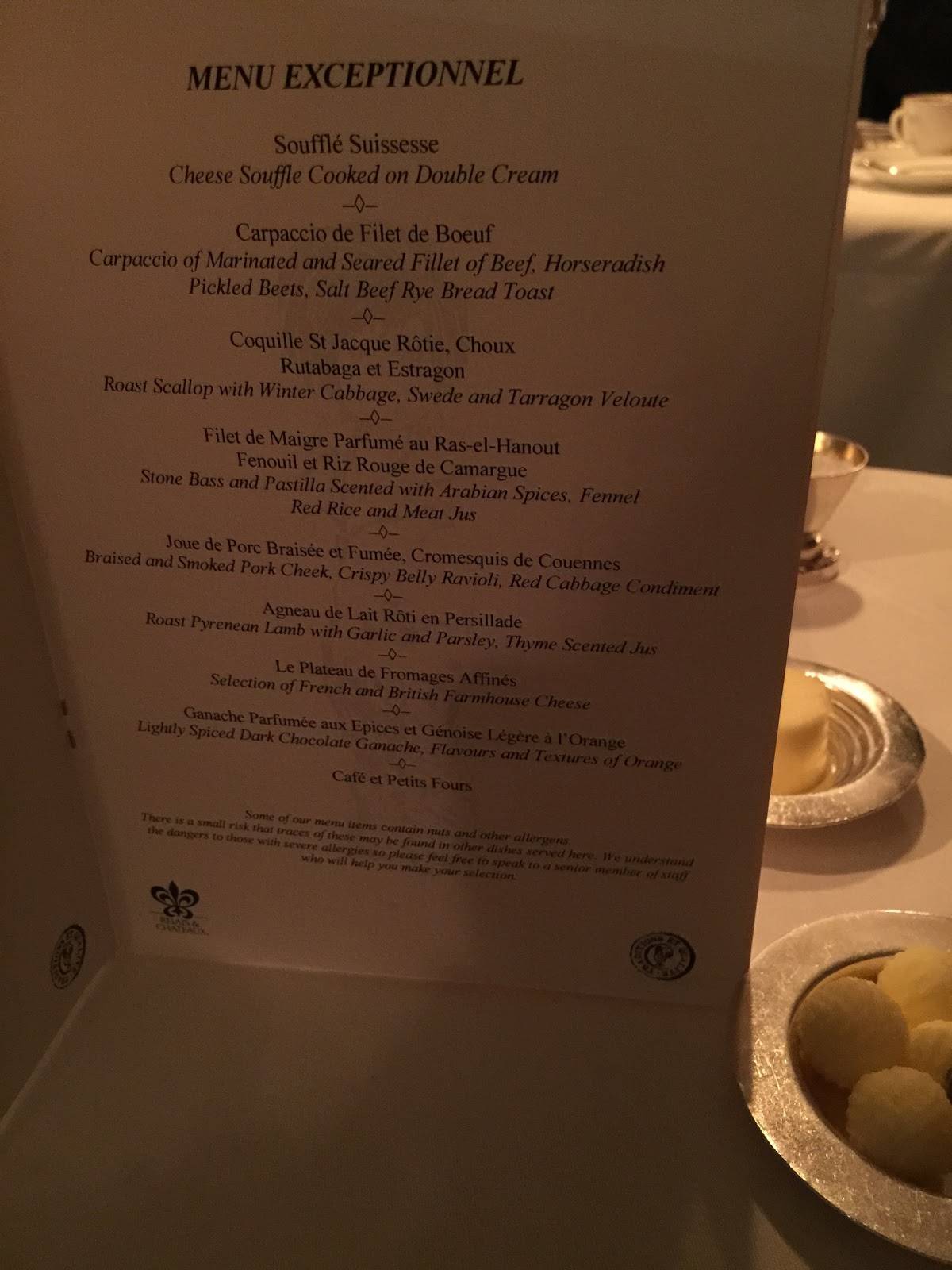 Menu at Le Gavroche restaurant, London