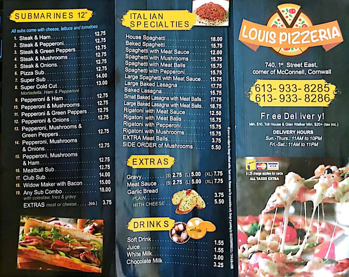 Menu at Louis' Pizzeria, Cornwall